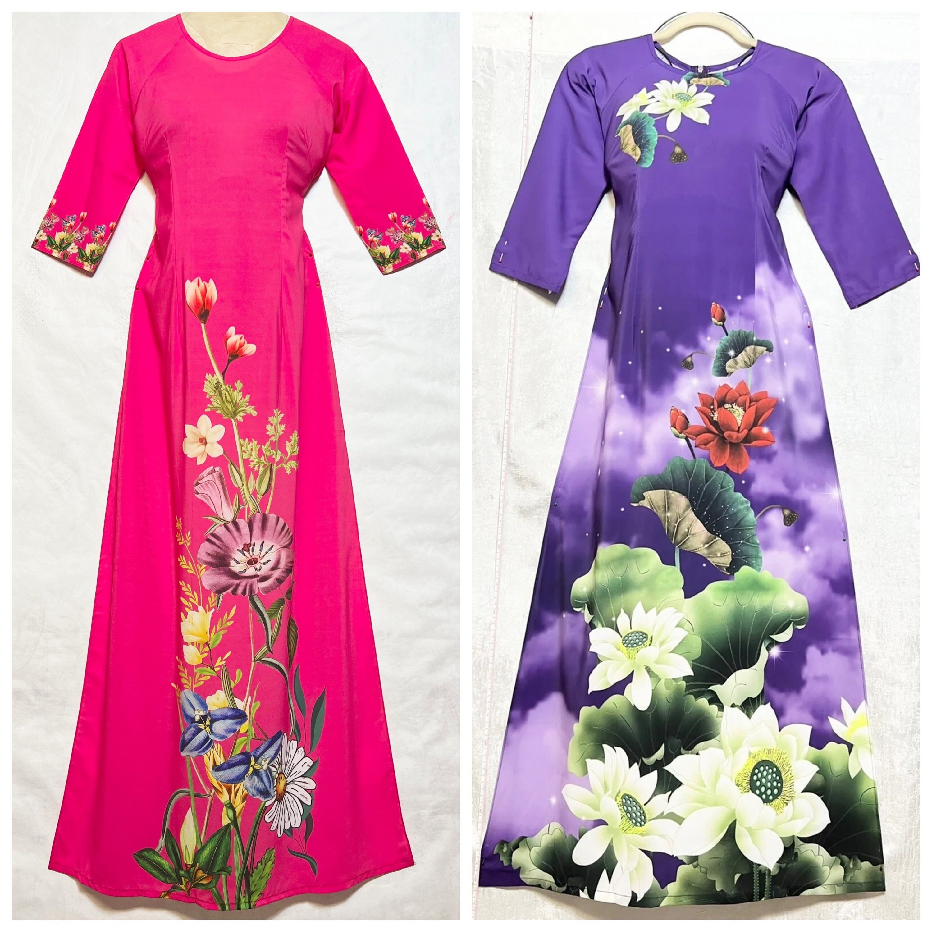 Pink Purple Ao Dai Lua Thai Tuan Mềm Rũ M L XL 2XL Dài áo 149cm Cổ Tròn ...