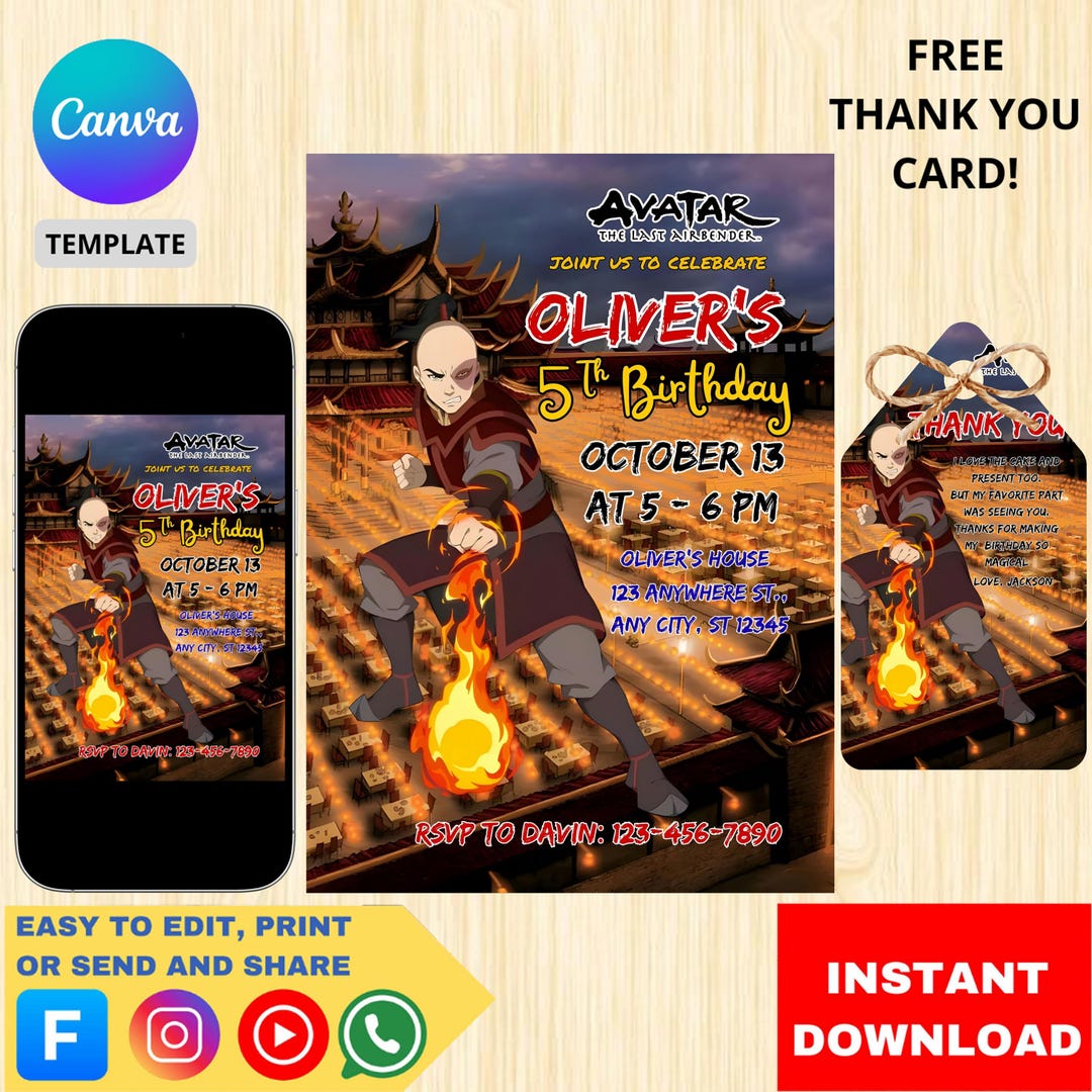 Digital Avatar, Zuko Birthday Invitation, Avatar Birthday Invitation ...