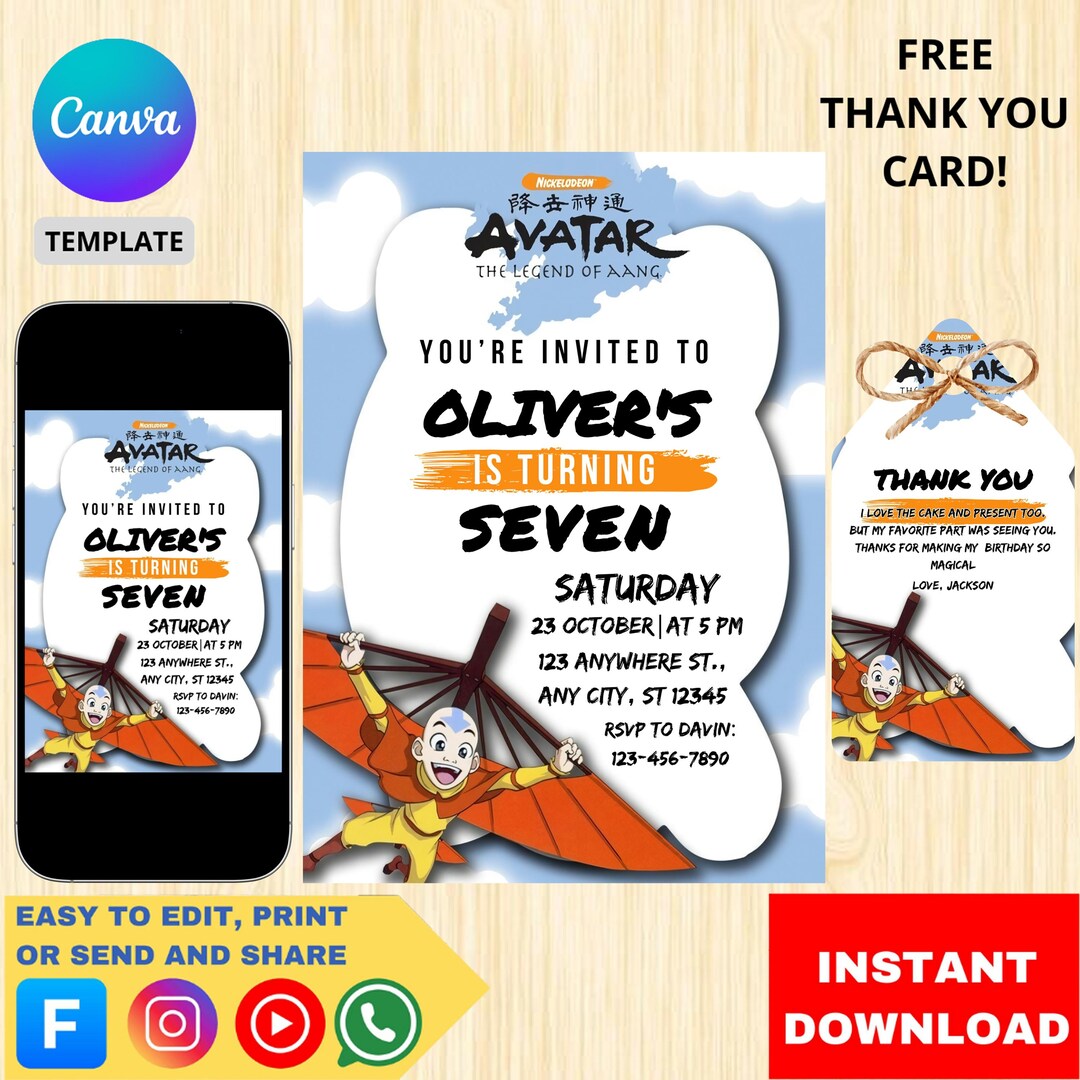 Avatar Aang Birthday Invitation, Avatar Birthday Invitation, Kids Party ...