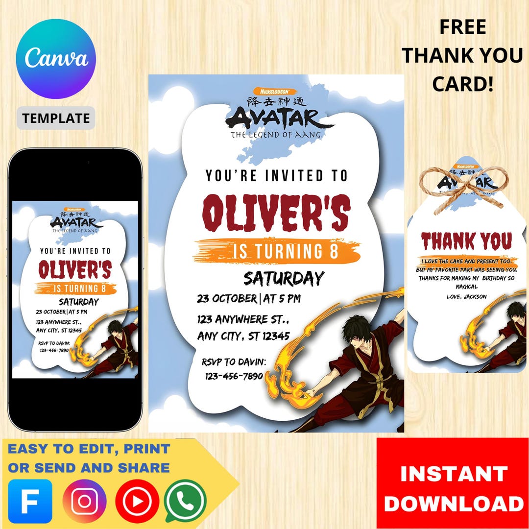 Zuko Avatar Birthday Invitation, Avatar Birthday Invitation, Kids Party ...