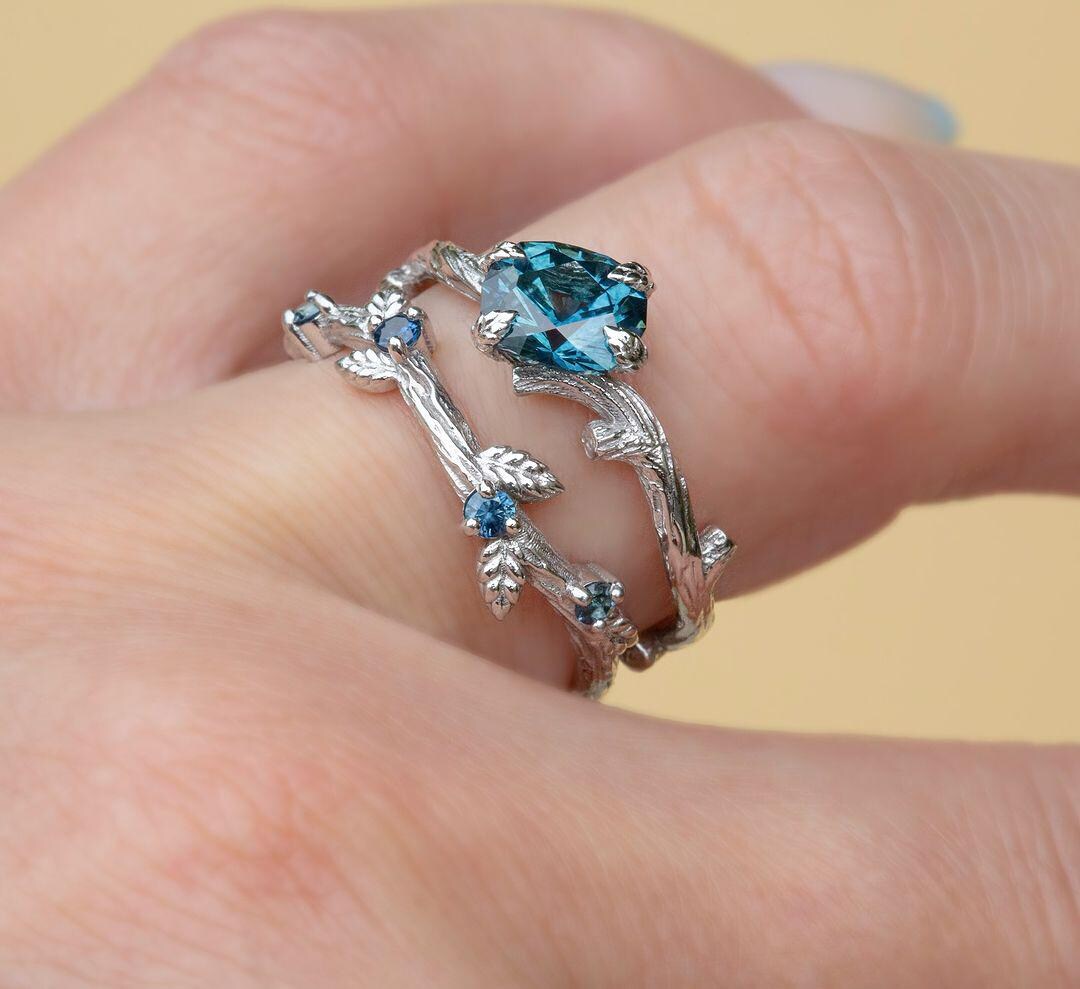 Teal Sapphire Ring Set: Sterling Silver Branch Wedding Rings - Etsy