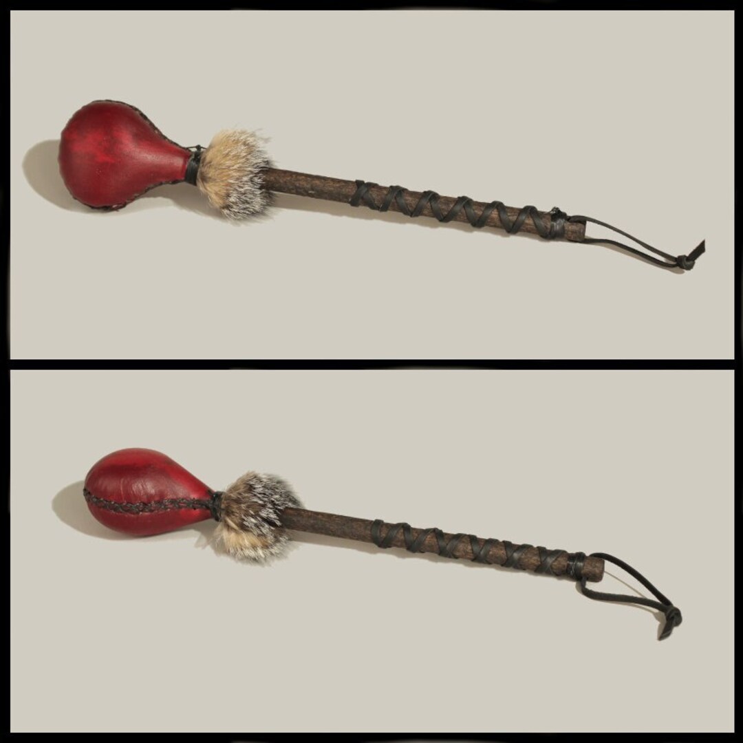 15” Crimson Deer Hide “teardrop” Rattle, 5.5” X 4.25” Rawhide Head ...