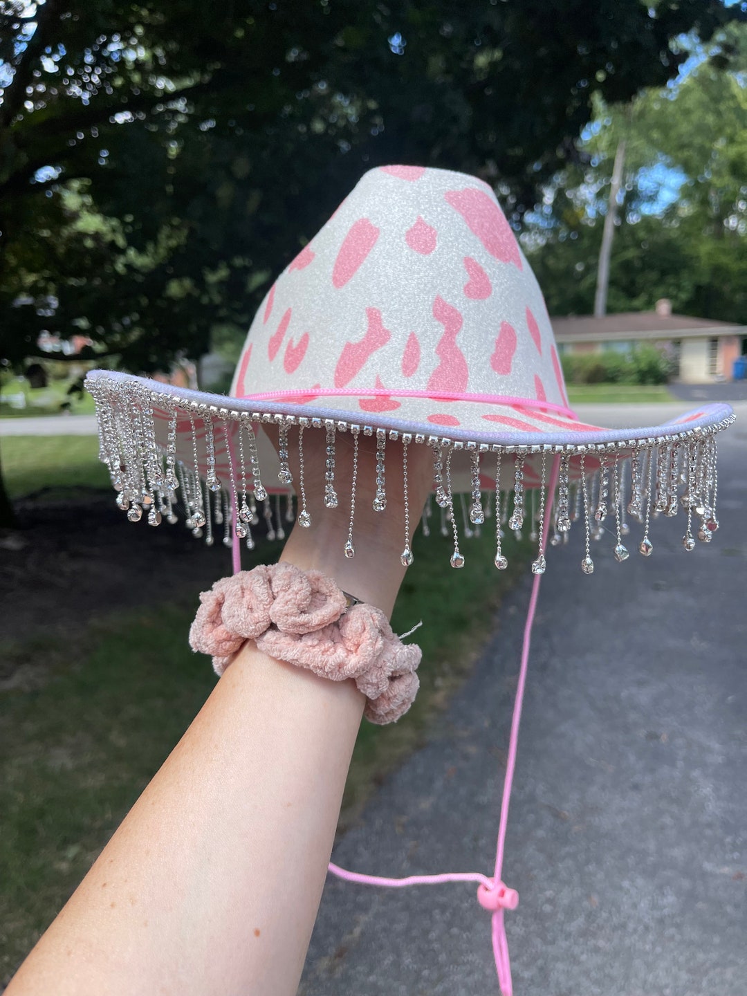 Pink Cowprint Cowboy Hat With Silver Rhinestone Fringe - Etsy