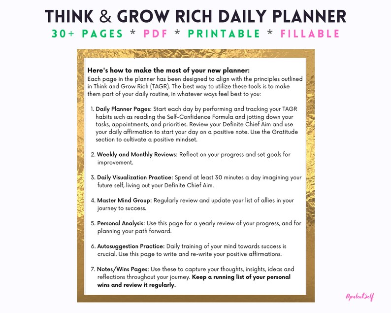Think and Grow Rich Planner Printable | Fillable PDF | Think and Grow ...
