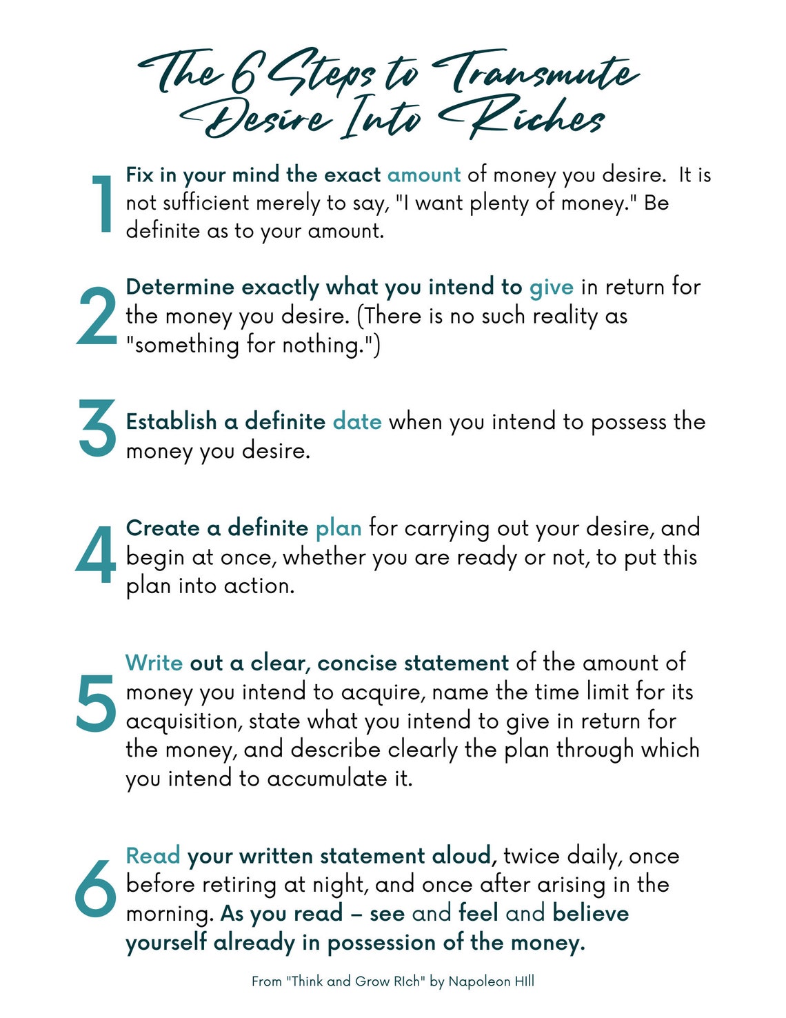Think & Grow Rich! the 6 Steps to Turn Desire Into Riches, 1 Printable ...