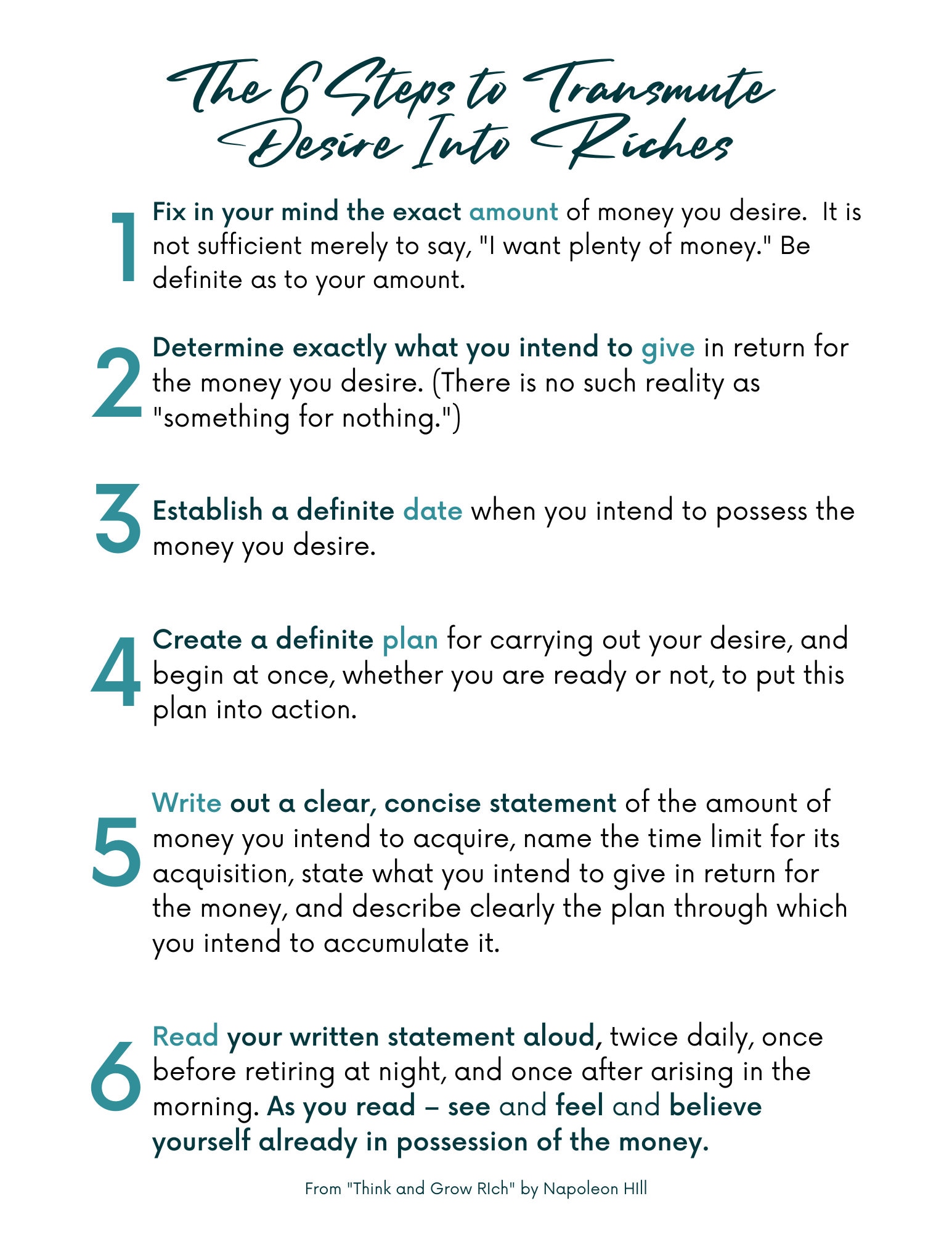 Think & Grow Rich! the 6 Steps to Turn Desire Into Riches, 1 Printable ...