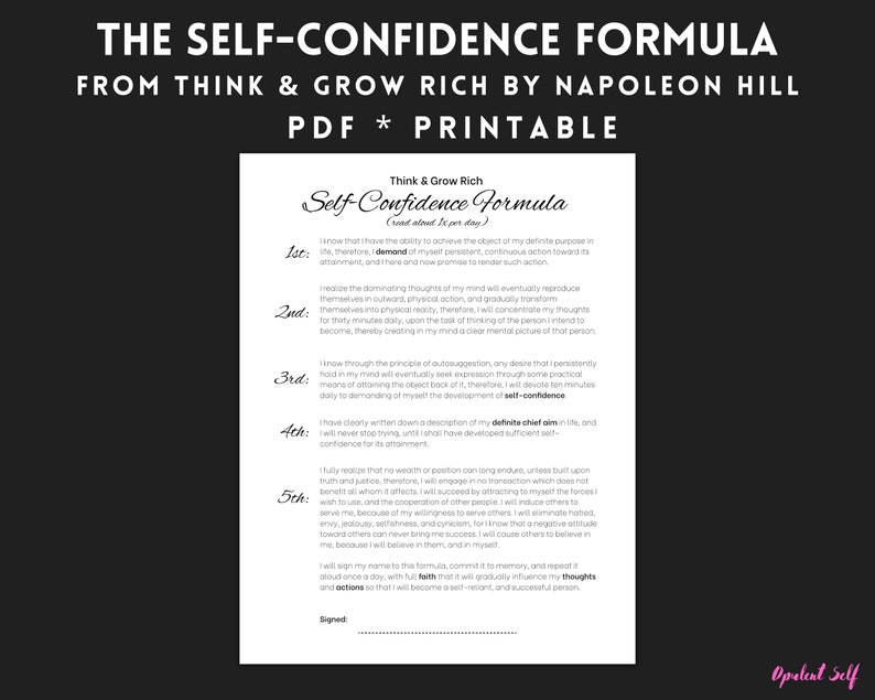 Self-confidence Formula From Think and Grow Rich by Napoleon - Etsy