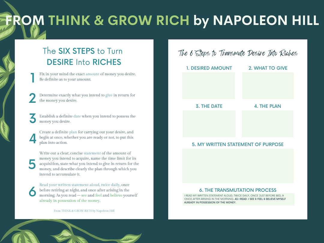Think & Grow Rich! the 6 Steps to Turn Desire Into Riches, 1 Printable ...