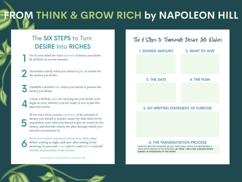 Think & Grow Rich! the 6 Steps to Turn Desire Into Riches, 1 Printable ...