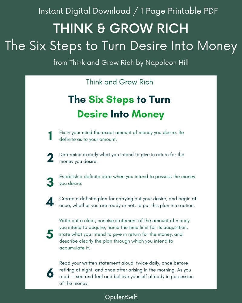 Think and Grow Rich | the Six Steps to Turn Desire Into Money | 1 Page ...