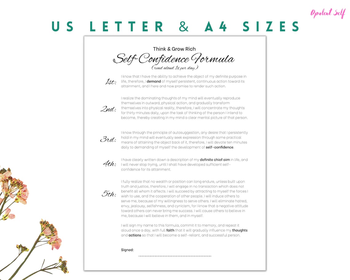 Self-confidence Formula From Think and Grow Rich by Napoleon Hill - Printable PDF - Letter & A4 ...