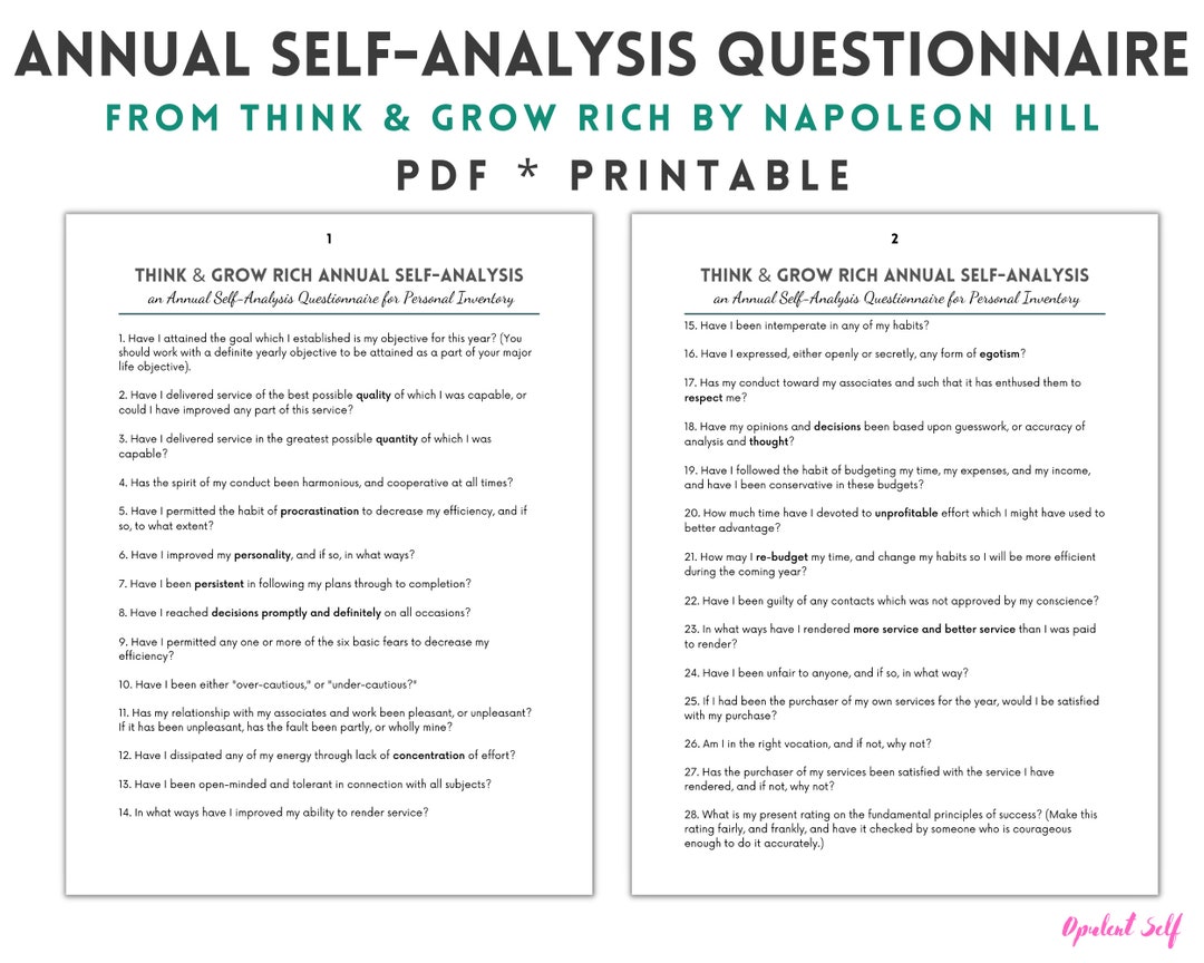 Think and Grow Rich Self-analysis Questionnaire - Annual Review Journal ...