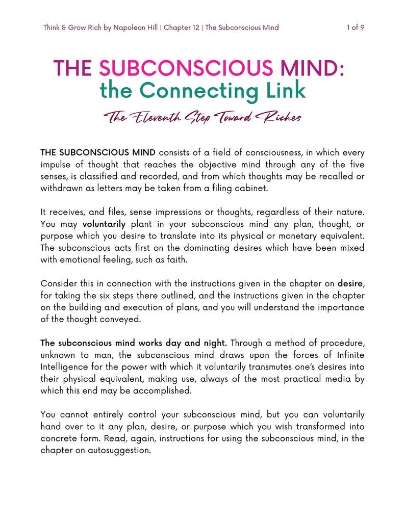 Think and Grow Rich | Subconscious Mind Chapter | Printable PDF | Letter Size | Think & Grow ...