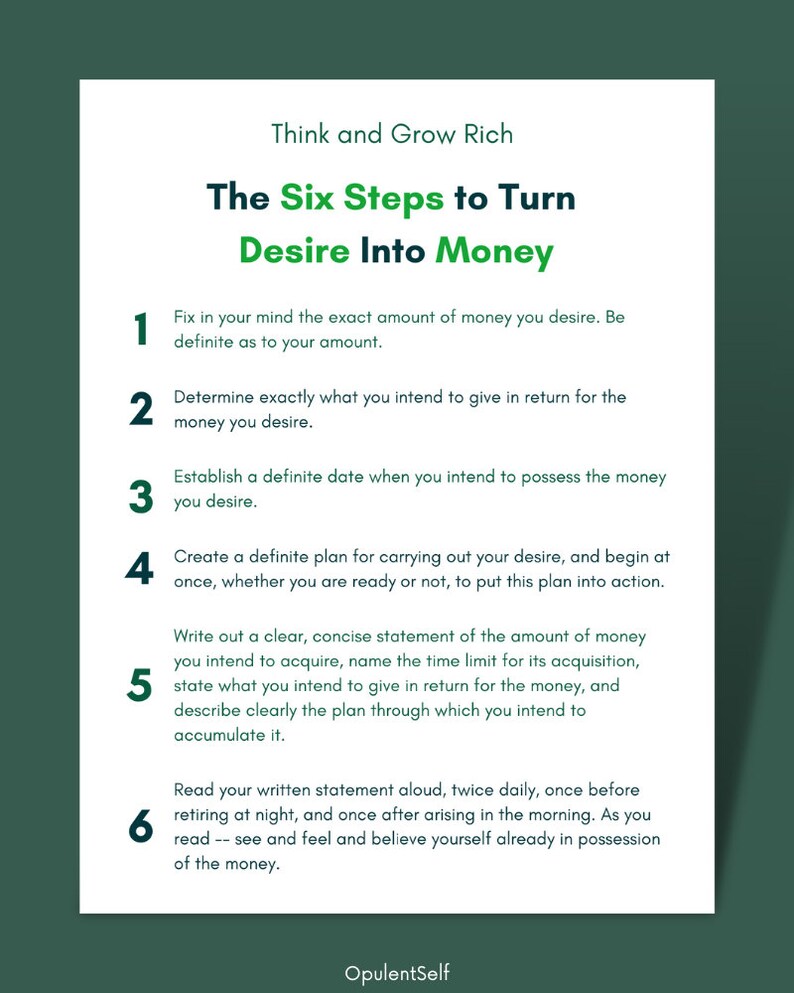 Think and Grow Rich | the Six Steps to Turn Desire Into Money | 1 Page ...