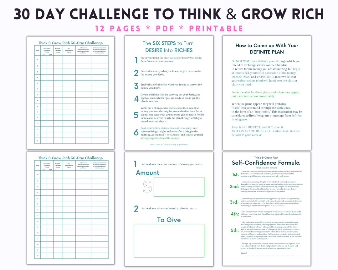 Think and Grow Rich 30-day Challenge Worksheets - Etsy