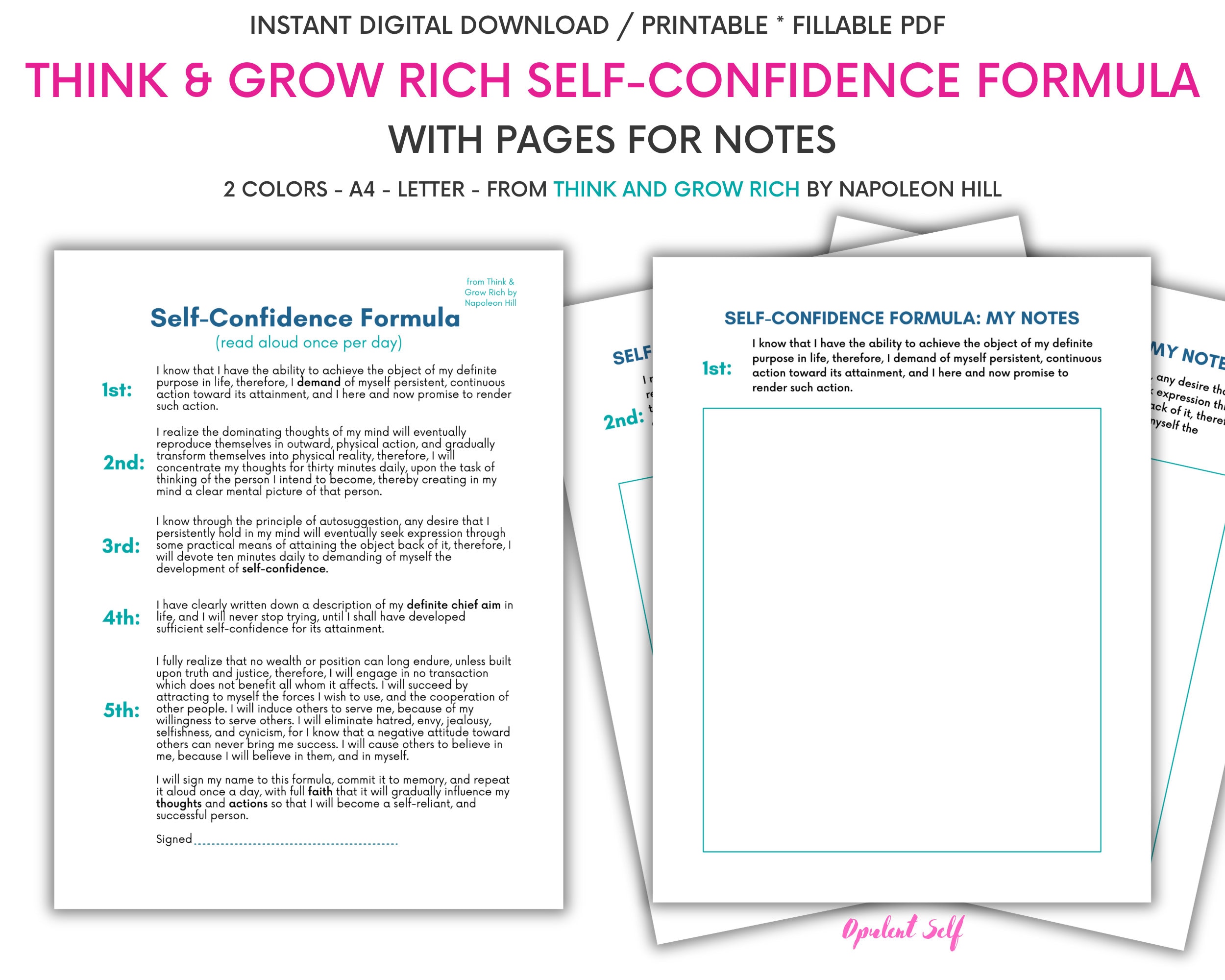 Think and Grow Rich Self-confidence Formula With Notes Pages - Fillable ...