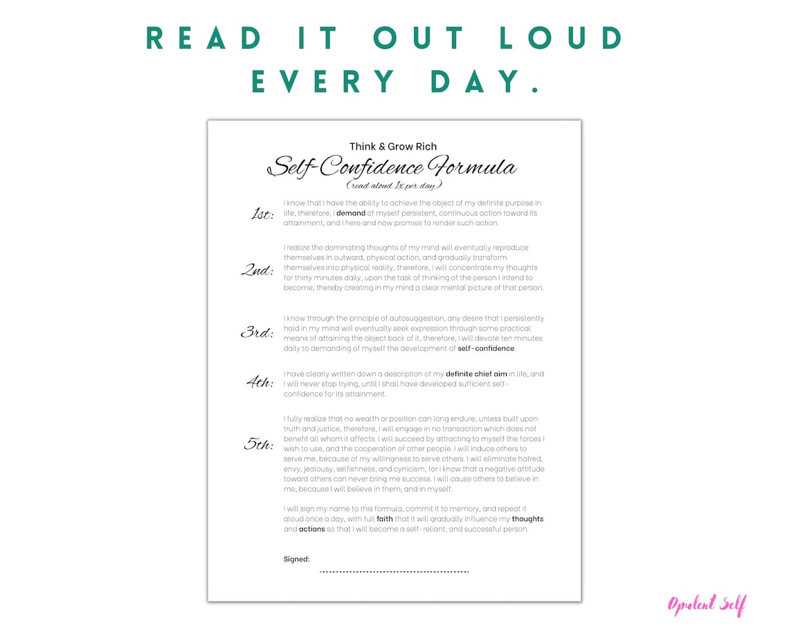 Self-confidence Formula From Think and Grow Rich by Napoleon Hill ...