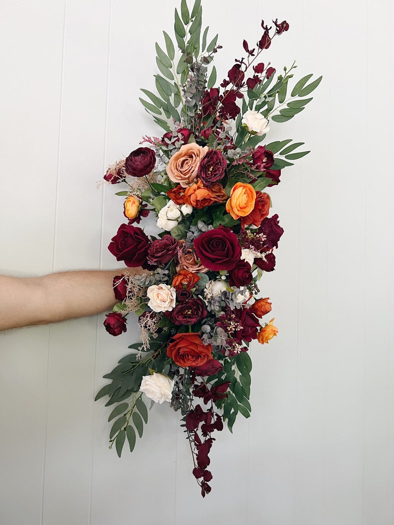 Burgundy Rust Orange Wedding Arch Floral Arrangement, Faux Flowers - Etsy