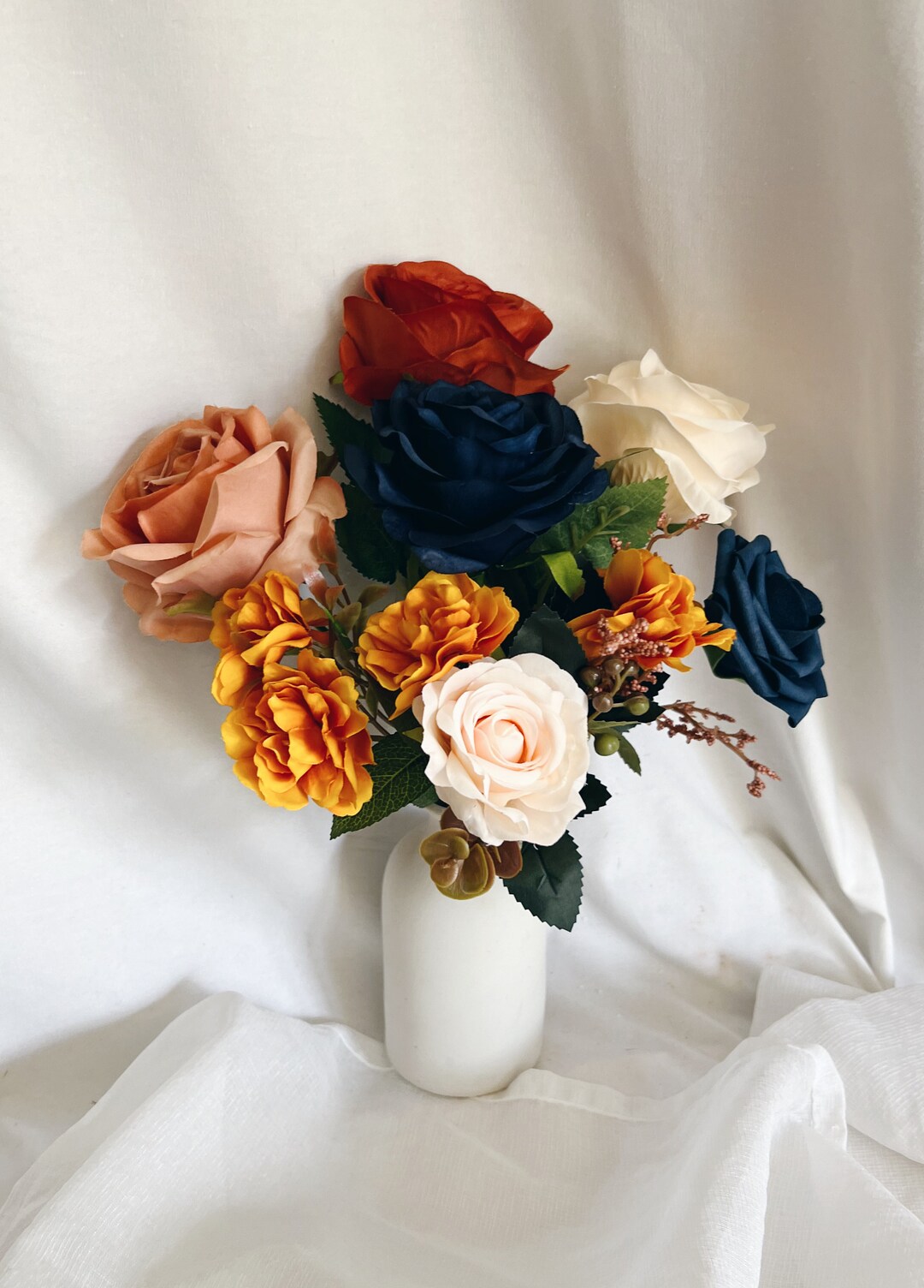 Table Flowers in Rust Orange and Navy Blue Colors. Bunch of Faux ...