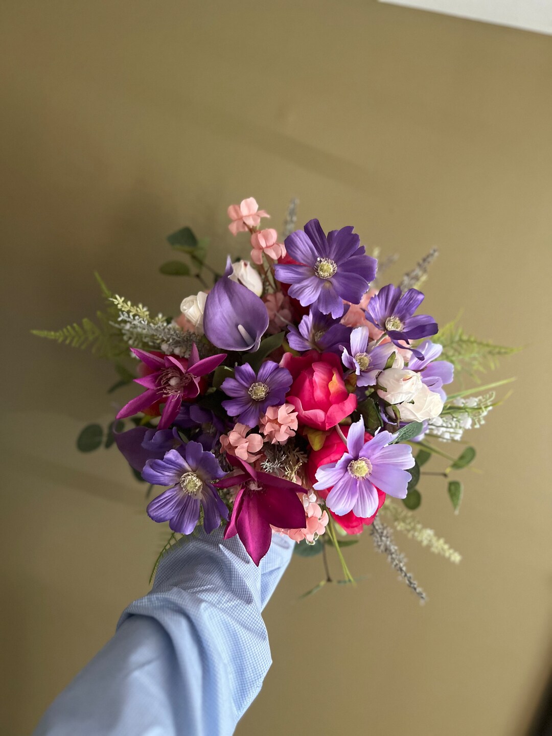 10” Wedding Bouquet With Hot Pink Peonies and Purple Cosmos, Purple ...