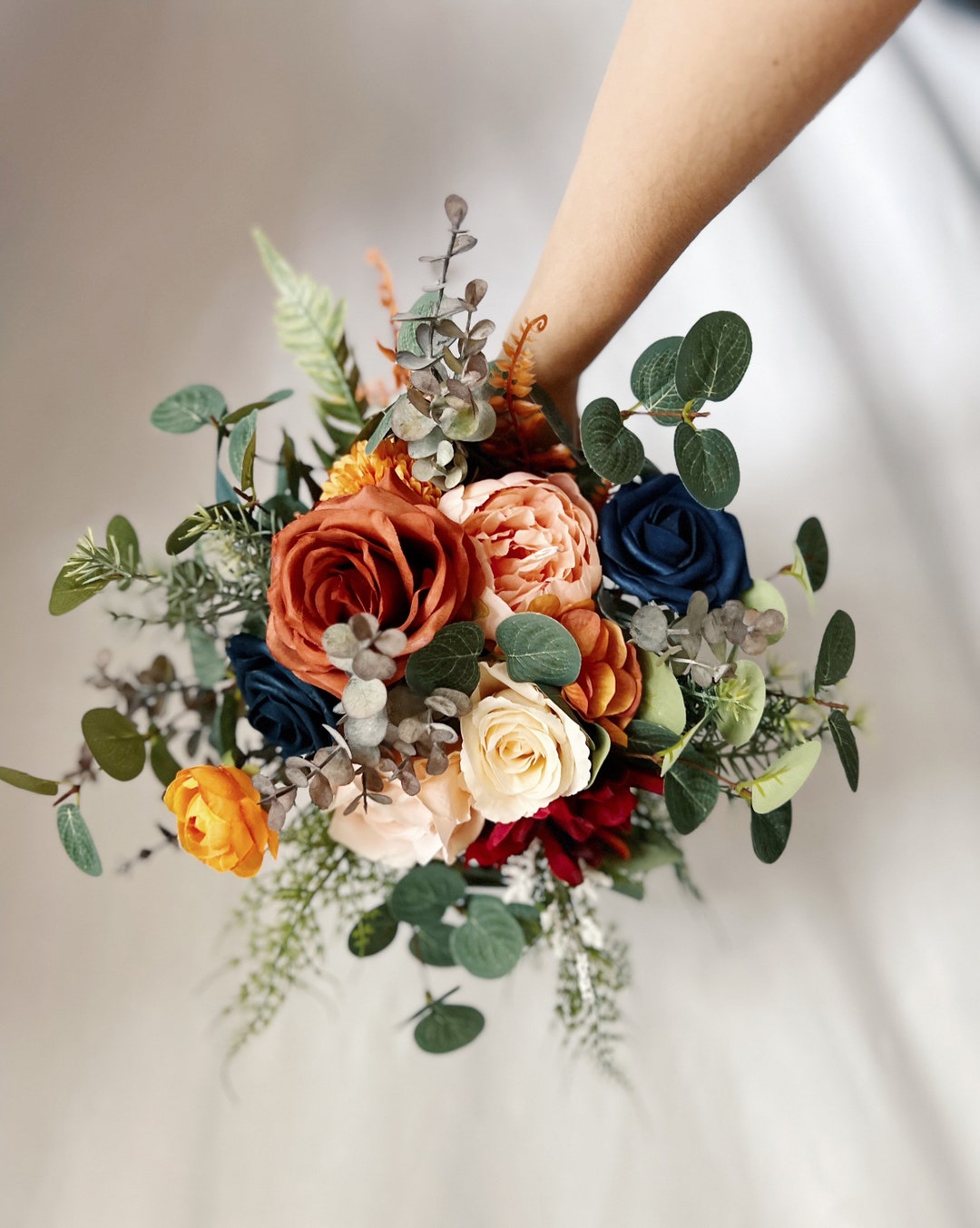 Wedding Bouquet With Navy Blue, Peach and Rust Orange Flowers ...