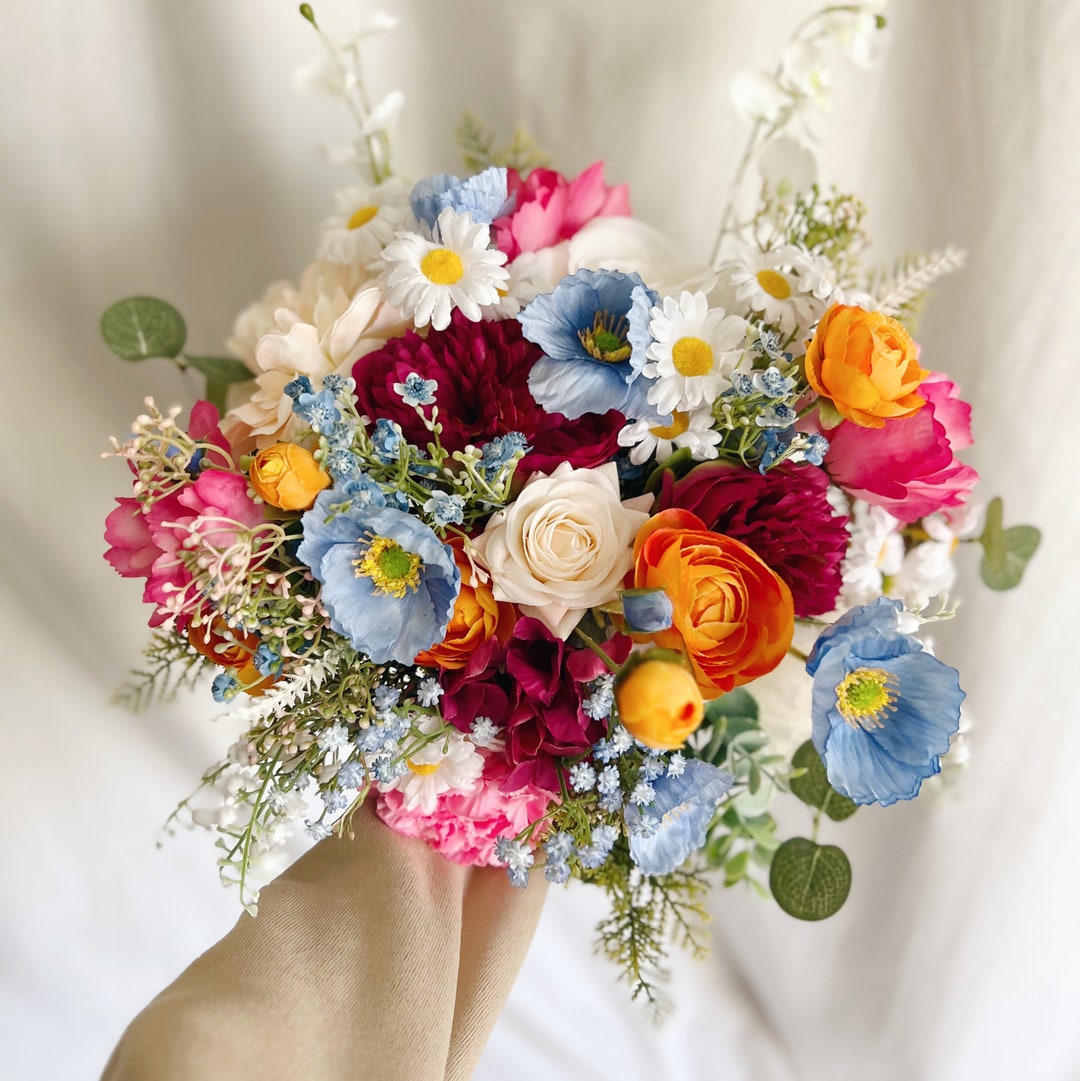 Vibrant Bridal Bouquet With Orange, Blue and Hot Pink Flowers ...