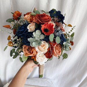Wedding Bouquet With Navy Blue, Pale Teal and Rust Orange Flowers ...