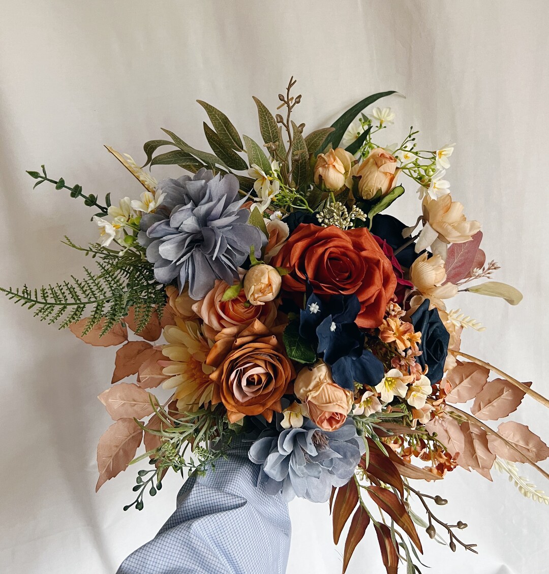 Wedding Bouquet With Navy Blue and Rust Orange Flowers, Bridesmaids ...