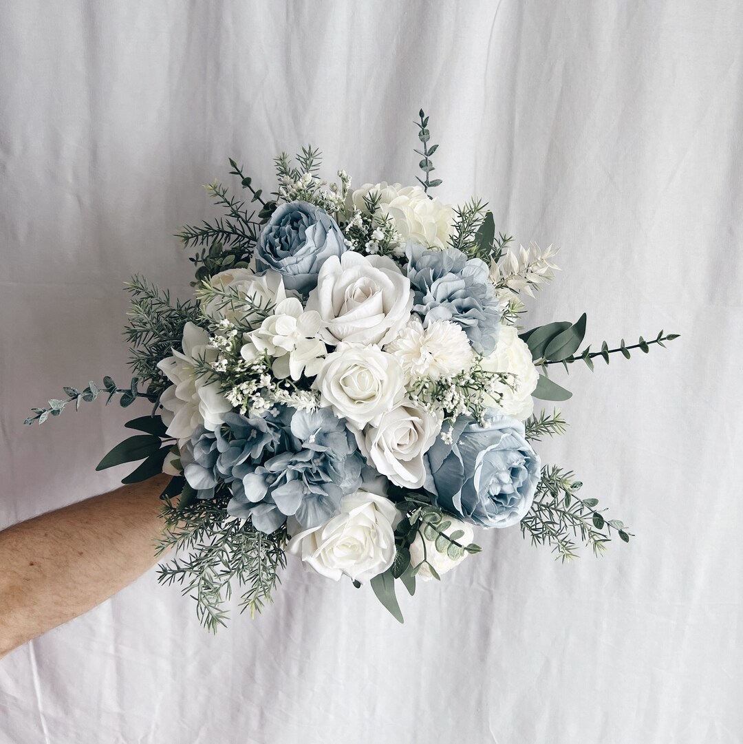 Faux Bridal Bouquet With Dusty Blue Flowers Blue Bouquet - Etsy