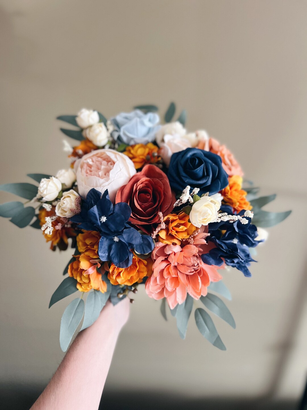 Wedding Bouquet With Navy Blue and Rust Orange Flowers, Bridesmaids ...