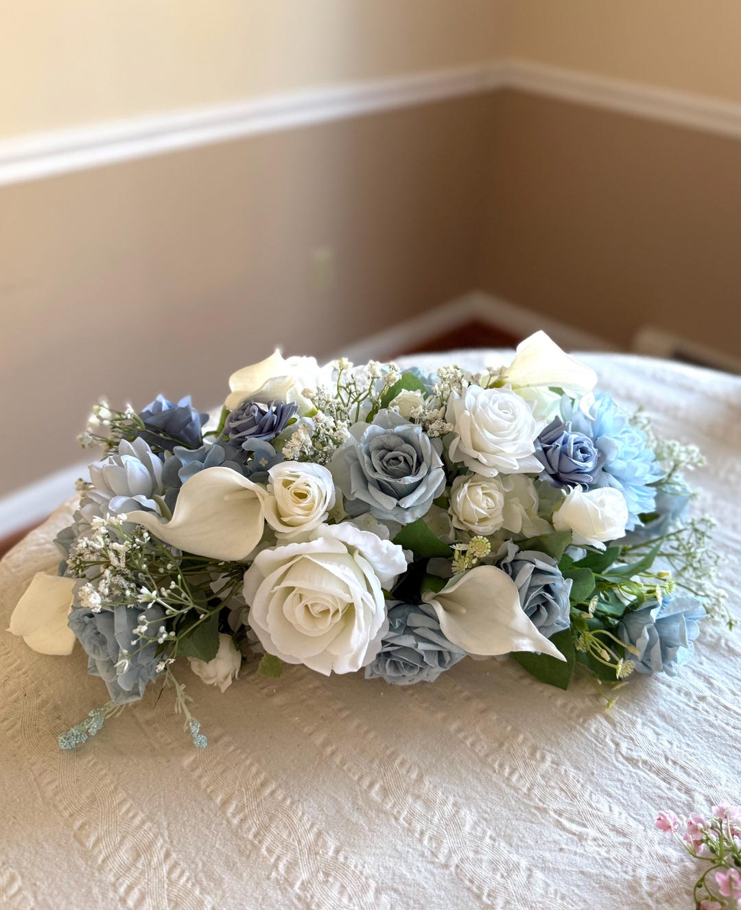 Floral Arrangement, Dusty Blue Floral Arrangement With Faux Flowers, Table Centerpiece, Blue ...
