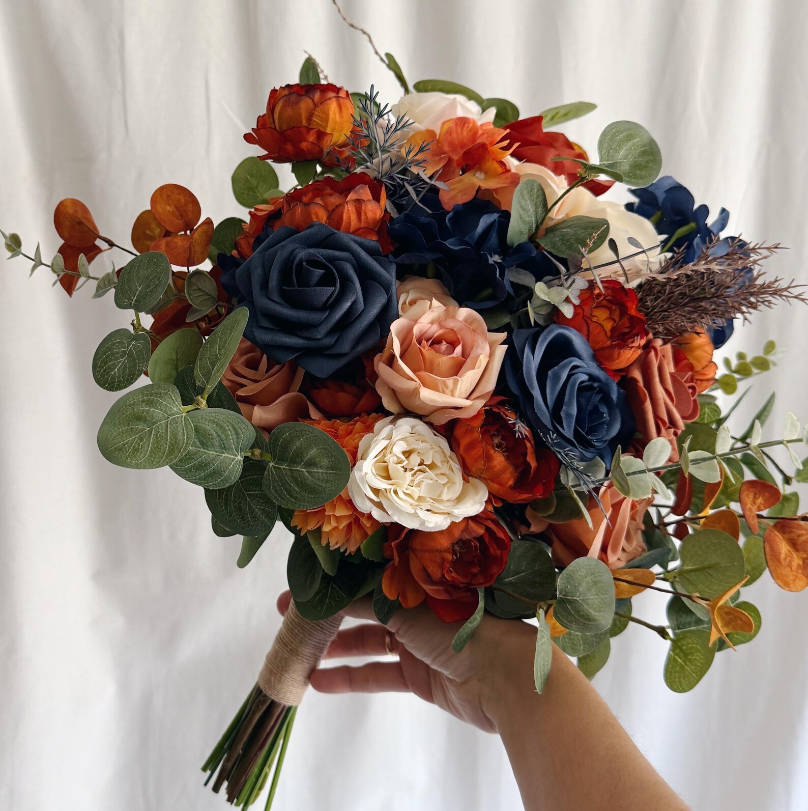 Wedding Bouquet With Navy Blue and Rust Orange Flowers, Bridesmaids ...