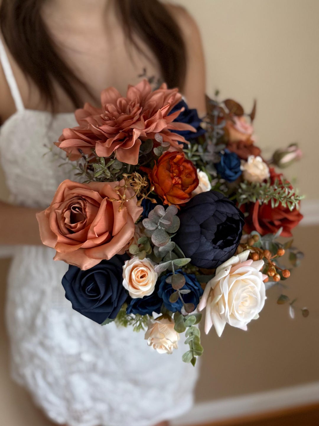 Wedding Bouquet With Navy Blue and Rust Orange Flowers, Bridesmaids ...