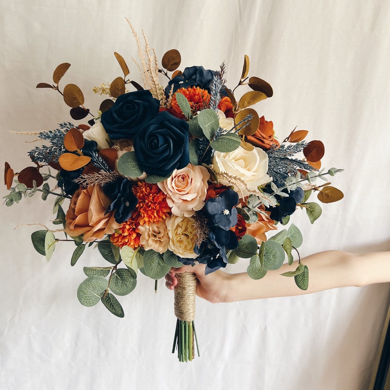Wedding Bouquet With Navy Blue and Rust Orange Flowers - Etsy