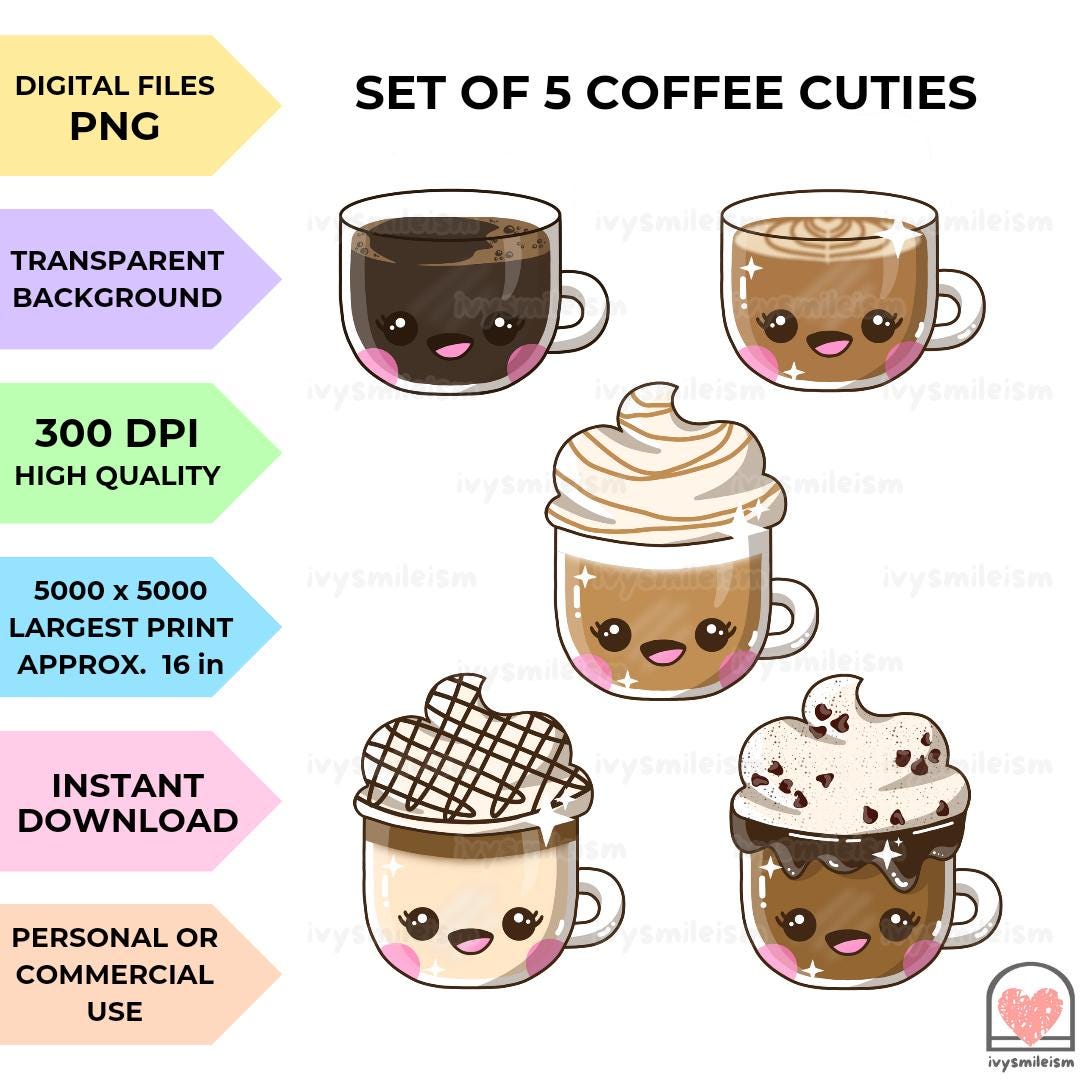 Cute Kawaii Coffee Hotties Cups PNG Set - Clipart Instant Digital ...