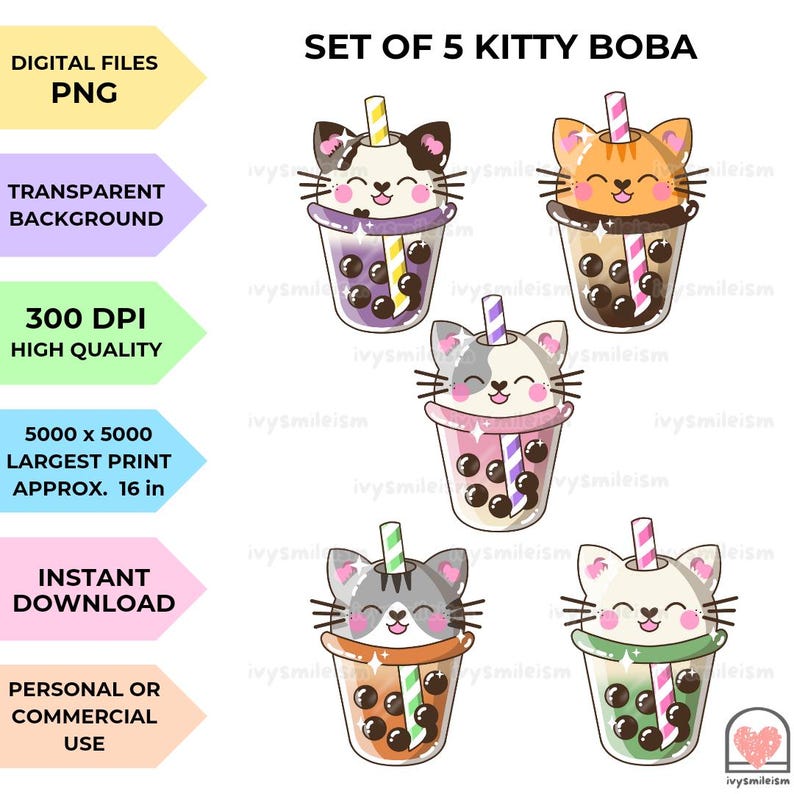 Cute Kawaii Kitty Cat Boba PNG Set Clipart Instant Digital Download - Etsy