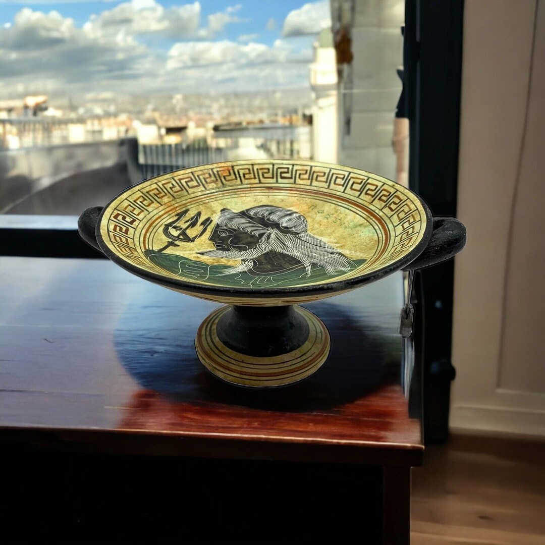 Small VTG Souvenir Art Pottery GREECE Footed Dish Poseidon Greek God of ...