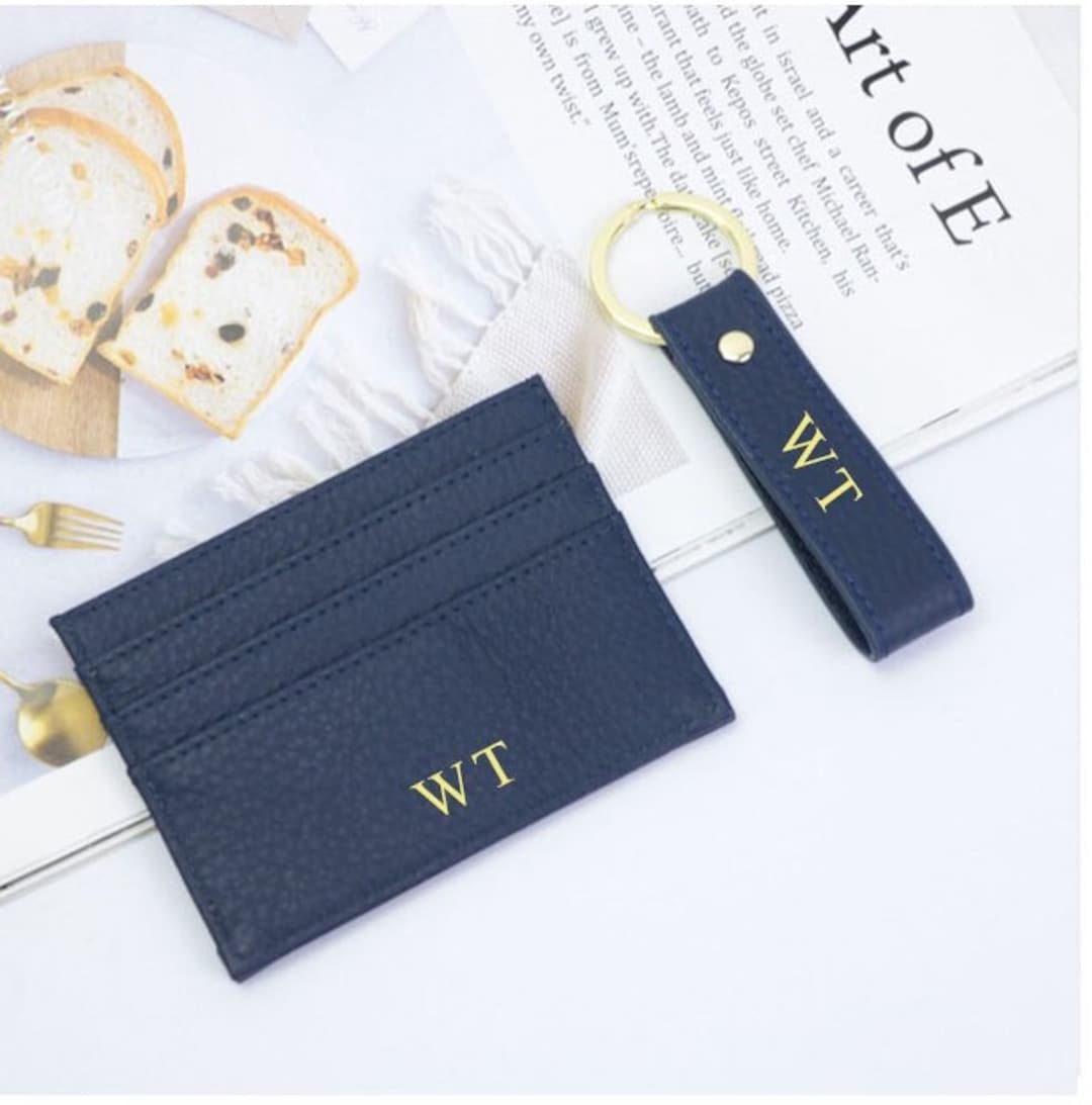 Personalized Card Holder and Keychain Set, Genuine Leather Unisex Slim ...