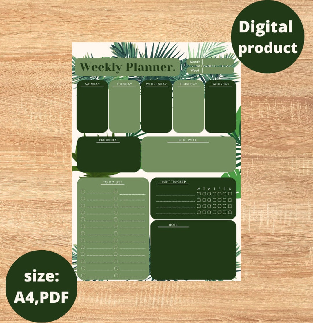 Weekly Planner, Green Leaves,digital Planner, Printable Planner, to Do ...
