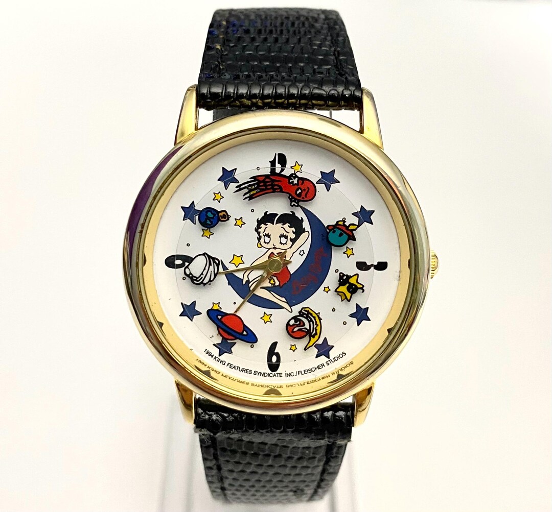BETTY BOOP Vintage Collectible Watch C. 1990s Gold Tone Black Leather ...
