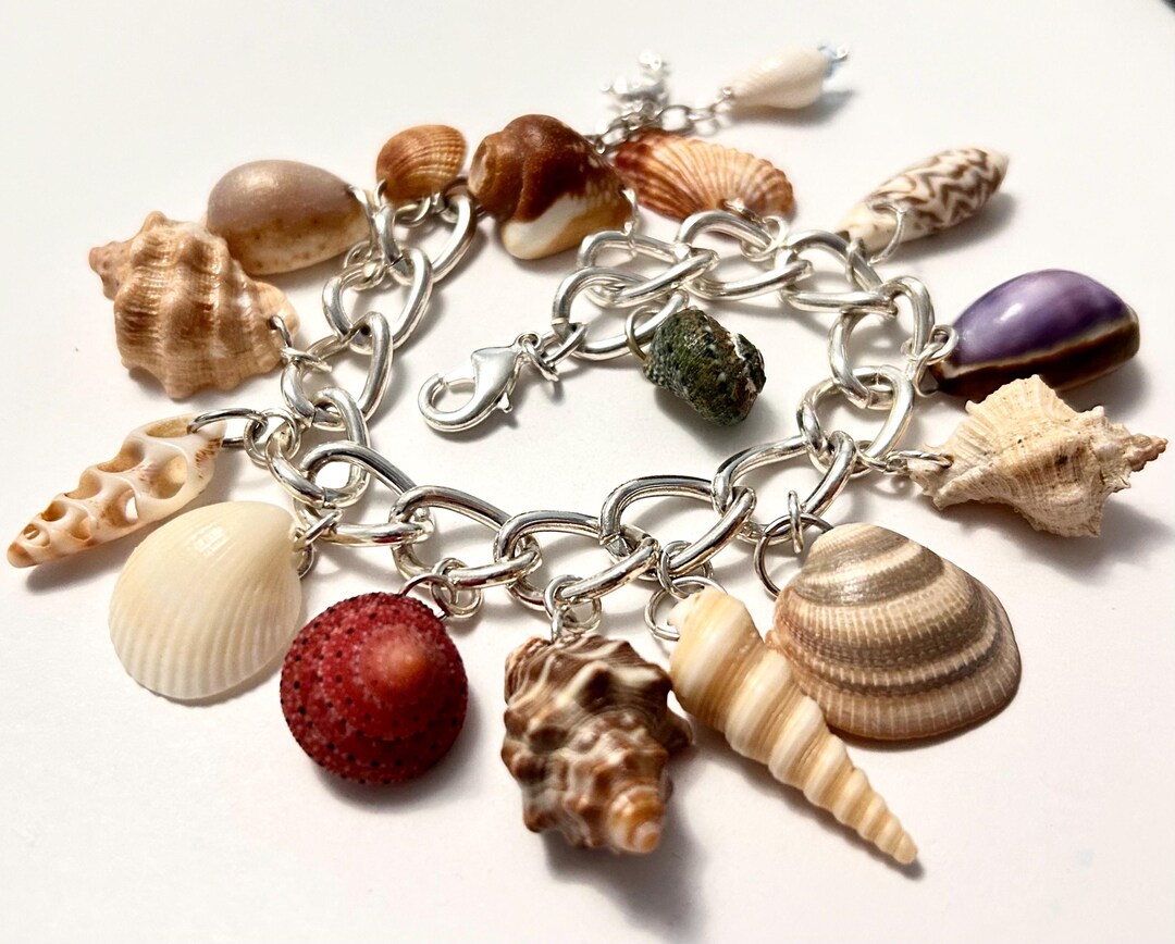 Charm Bracelet Beach Themed Vintage Sea Shells Silver Tone Chain ...