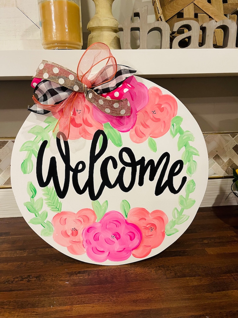 Welcome Pink and Coral Floral Wooden Door Hanger - Etsy