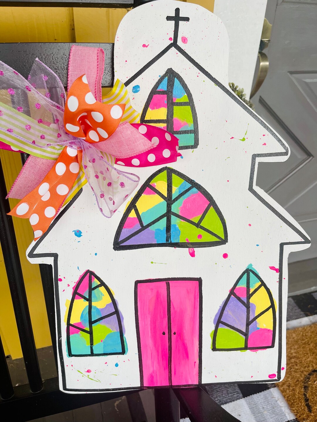 Church House Colorful Windows Door Hanger - Etsy