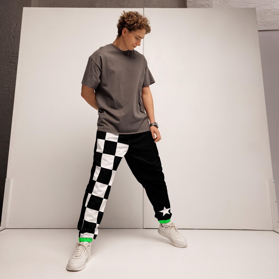 Unisex Track Pants Black and Green Mismatched Checkerboard Design With ...