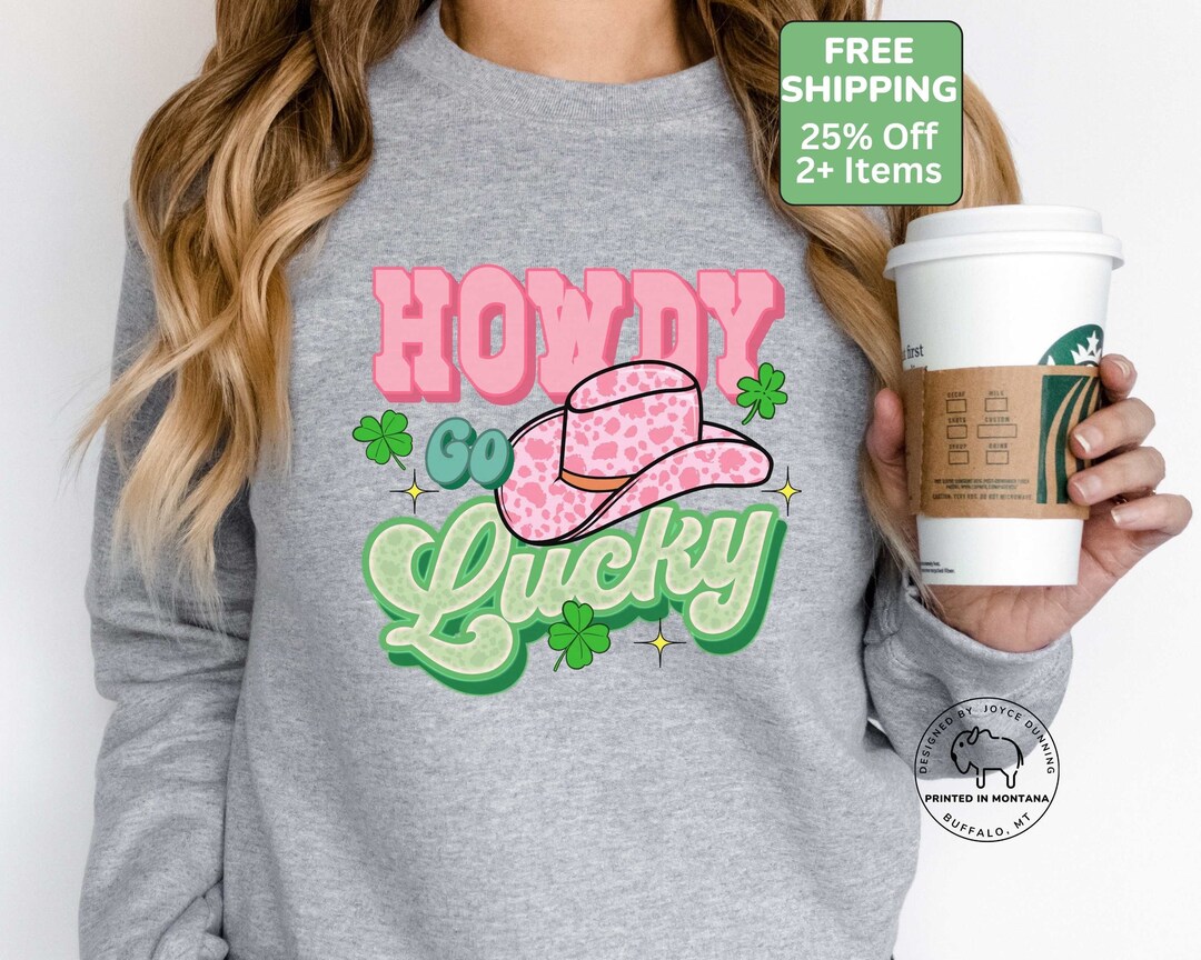 Western Retro Pink Cowboy Hat and Shamrocks "howdy Go Lucky" St ...