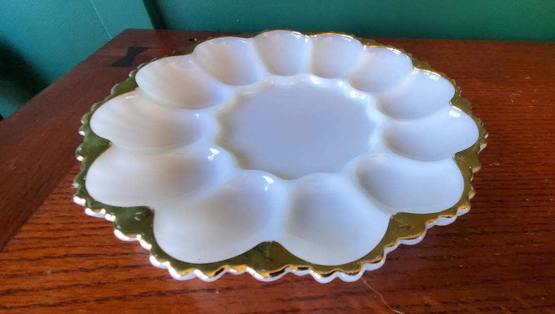 Anchor Hocking Milk Glass Oyster / Deviled Egg Platter Server Dish With Gold Trim 10" - Etsy