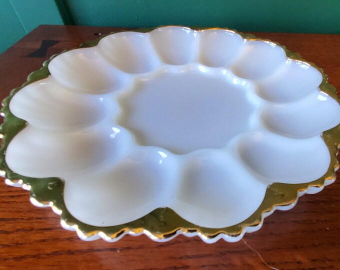 Anchor Hocking Milk Glass Oyster / Deviled Egg Platter Server Dish With ...