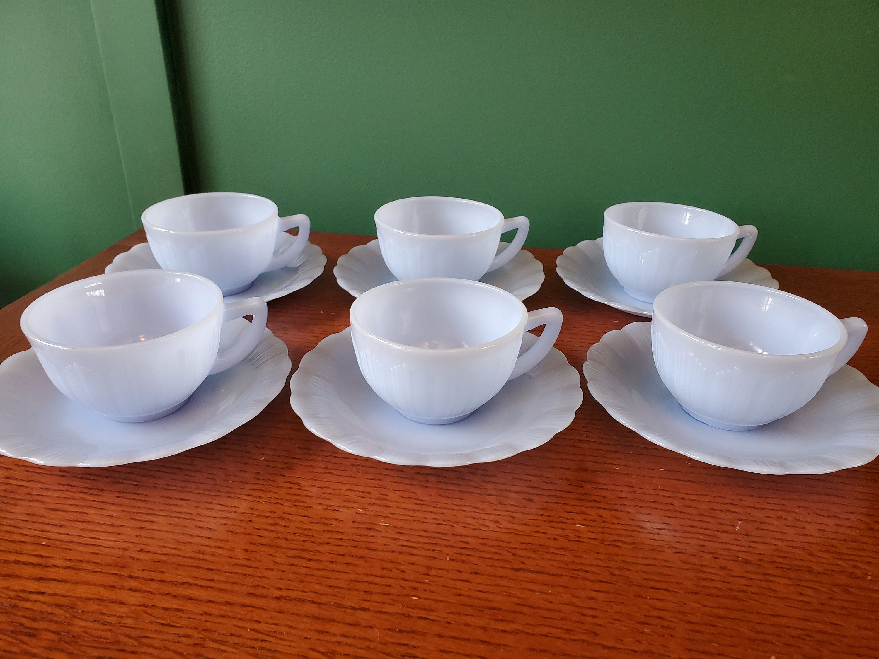 Pyrex Blue Delphite Cups and Saucers 6 I Six 1950s Pyrex Pie Crust Edge ...