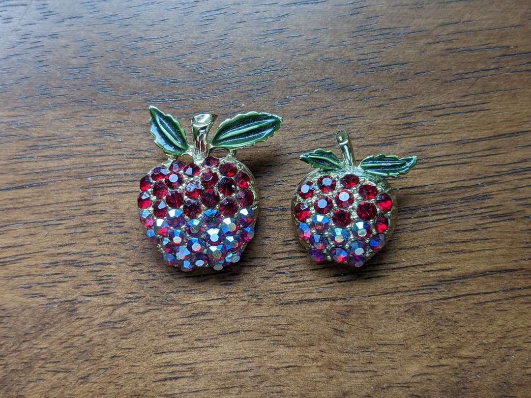 Pair of Red and Aurora Borealis Rhinestone Apple Pins - Etsy