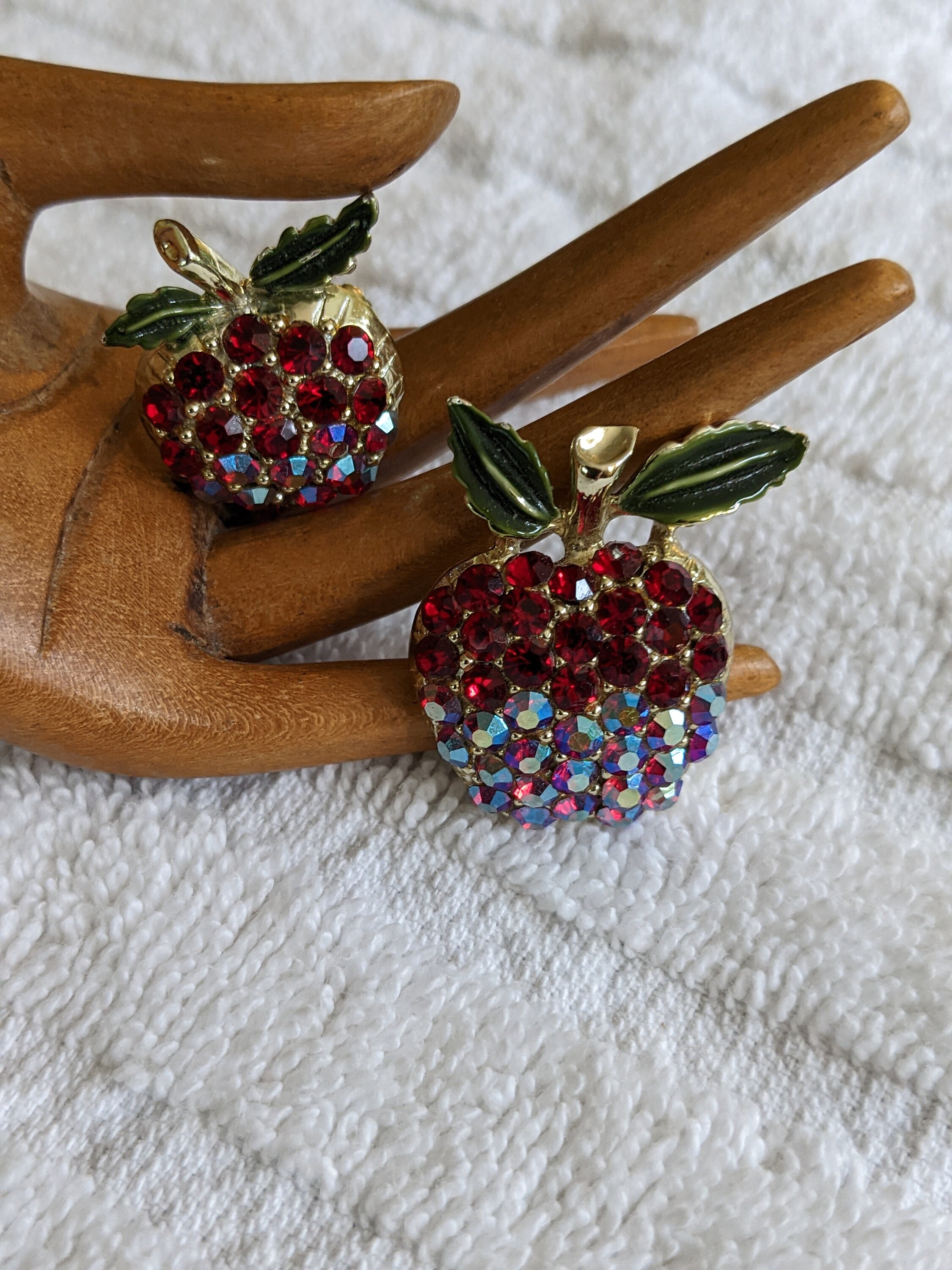 Pair of Red and Aurora Borealis Rhinestone Apple Pins - Etsy